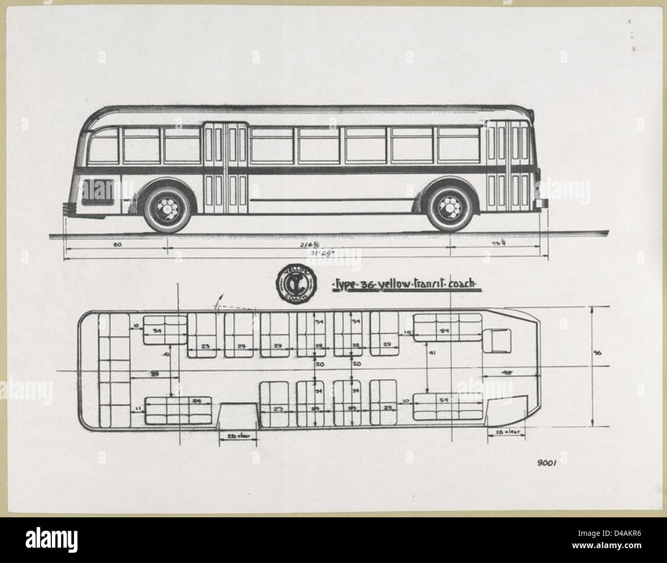 A technical drawing of the Yellow Coach Type 36 transit bus, showcasing ...