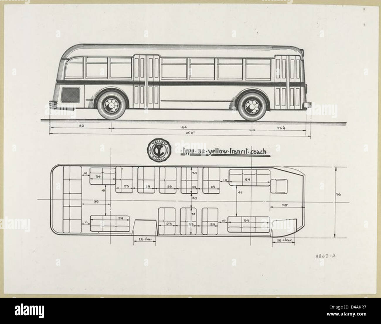 A technical drawing of the Yellow Coach Type 32, a transit coach ...