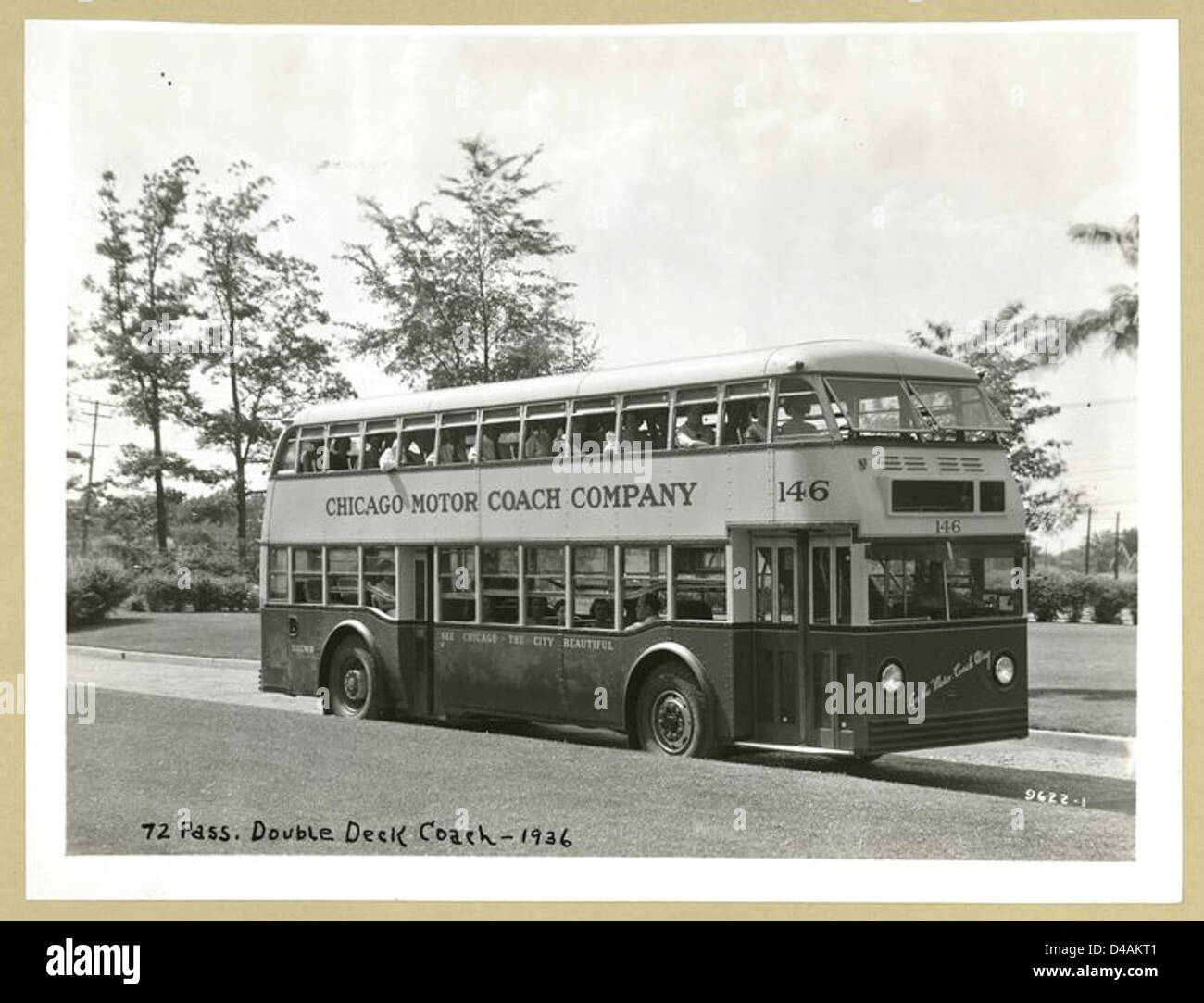 This 1936 photograph shows a 72-passenger double-deck coach ...