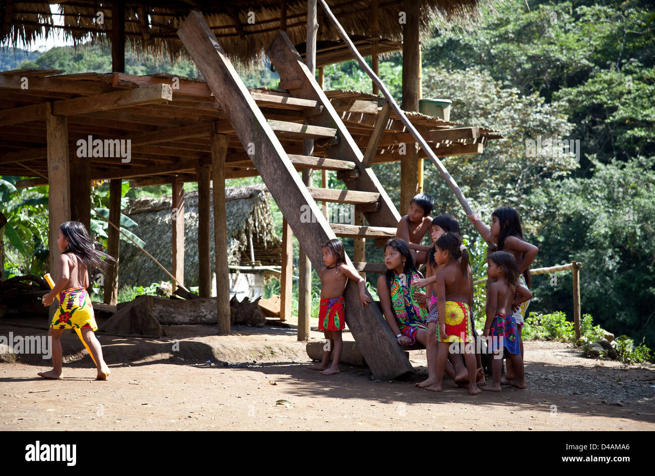 Embera Indian children at the Embera Puru Village beside Rio Pequeni ...
