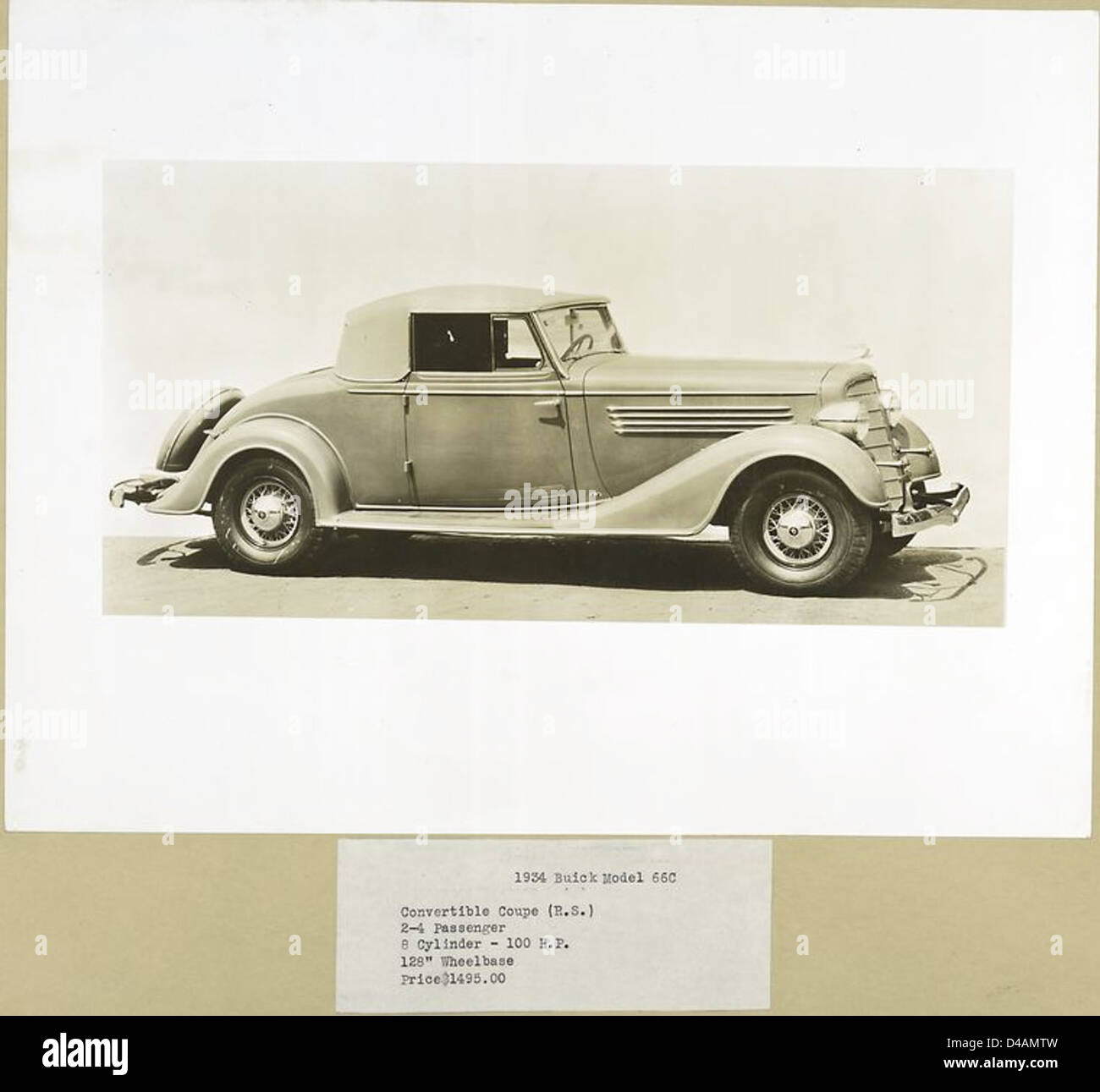 A photograph of a 1934 Buick Model 66C Convertible Coupe, highlighting ...