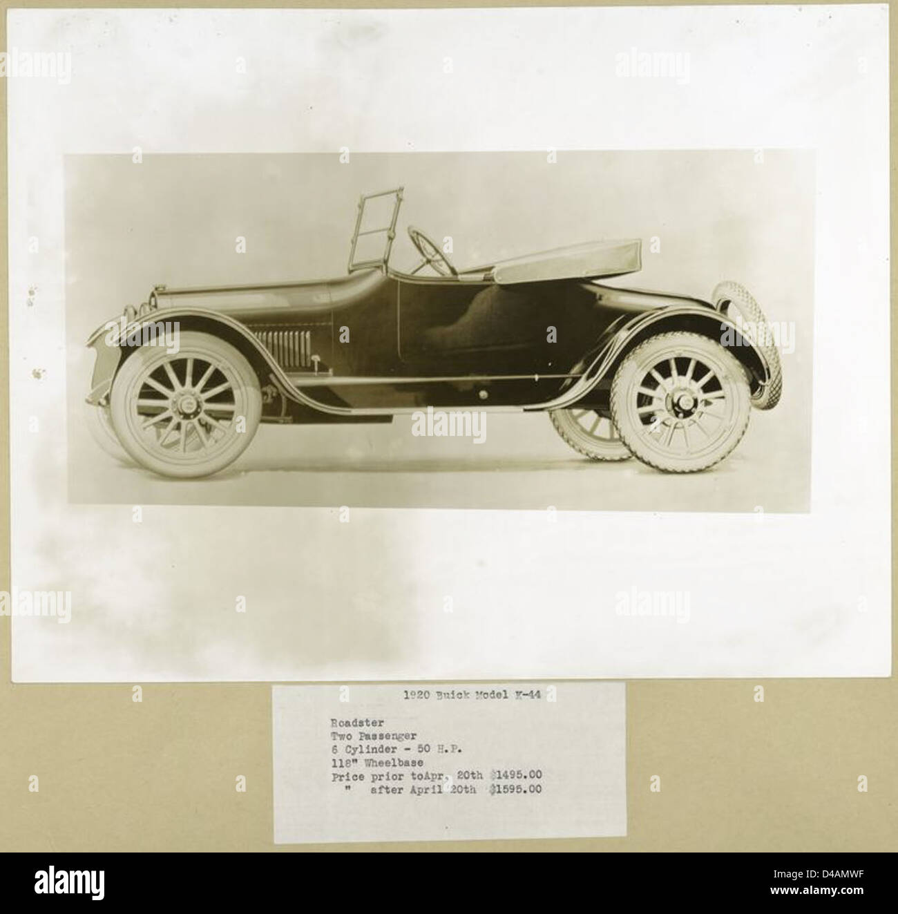 A 1920 Buick Model K44 Roadster, a two-passenger vehicle produced by ...
