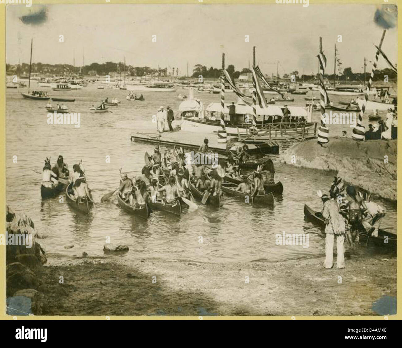 A historical reenactment of Native Americans meeting the Half-Moon in ...