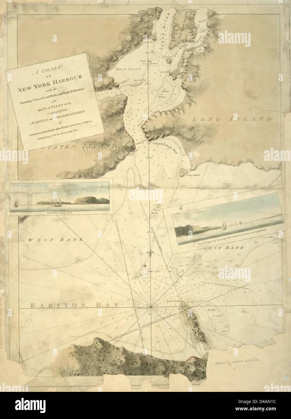 A detailed nautical chart of New York Harbor, including soundings and ...