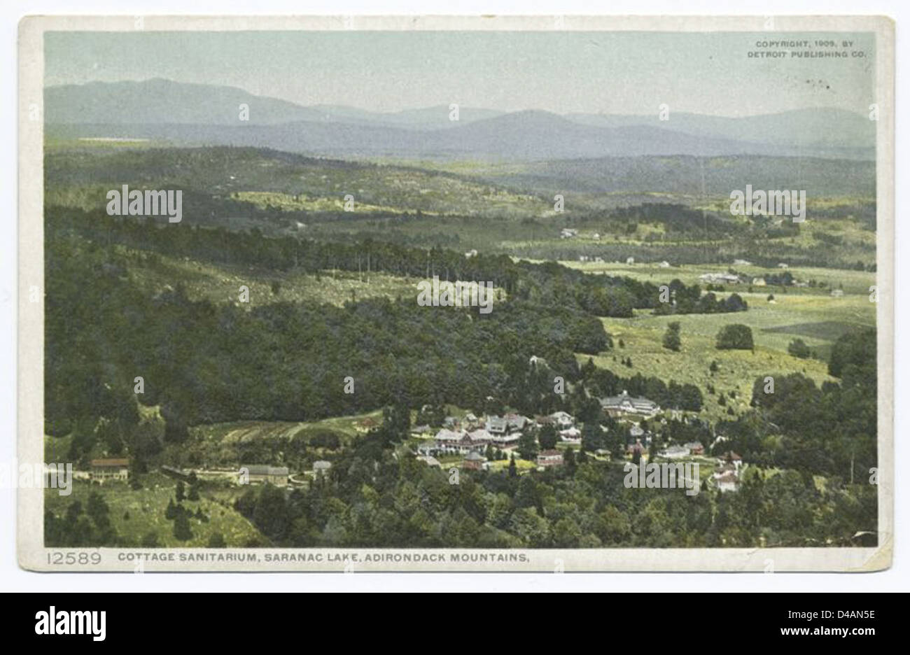 The image shows the Cottage Sanitorium in Saranac Lake, New York, from ...