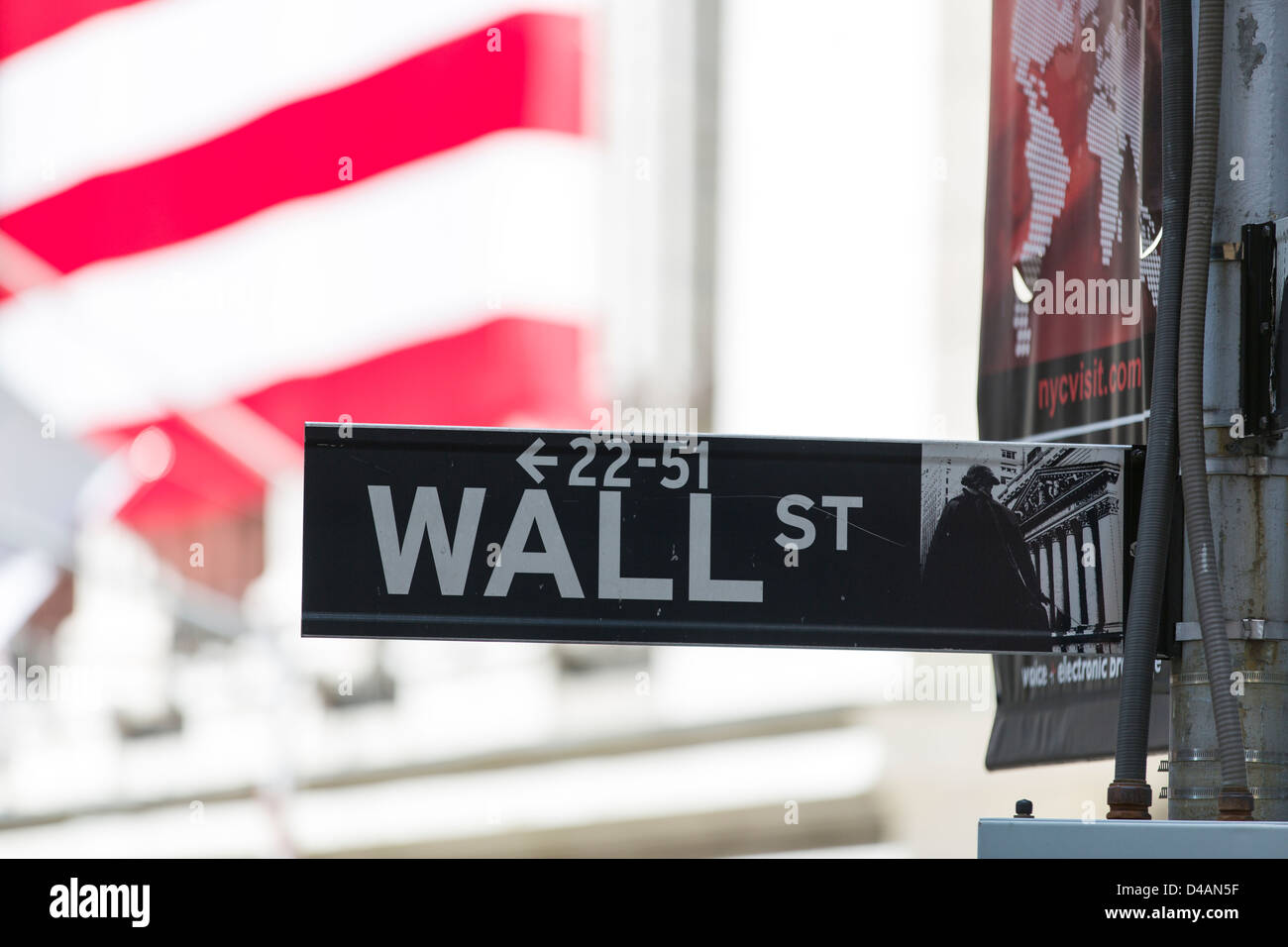 Wall Street sign with an American flag in the background Stock Photo ...