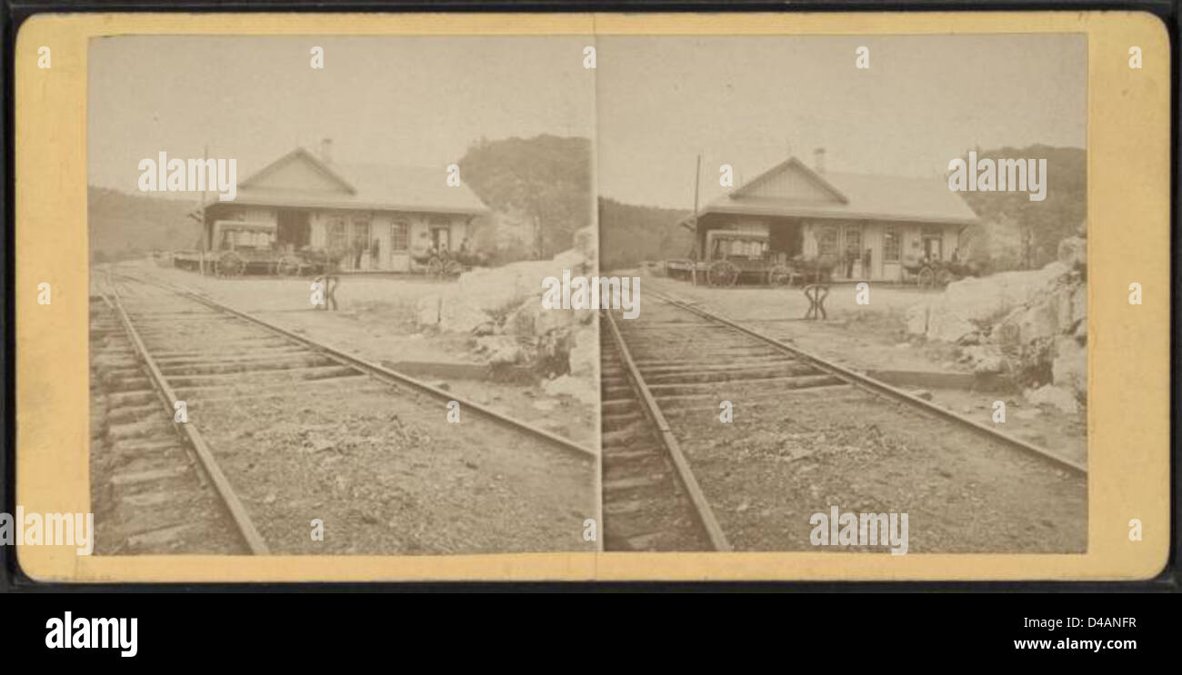 This 1880 photograph shows the railroad depot at Rosendale, New York ...
