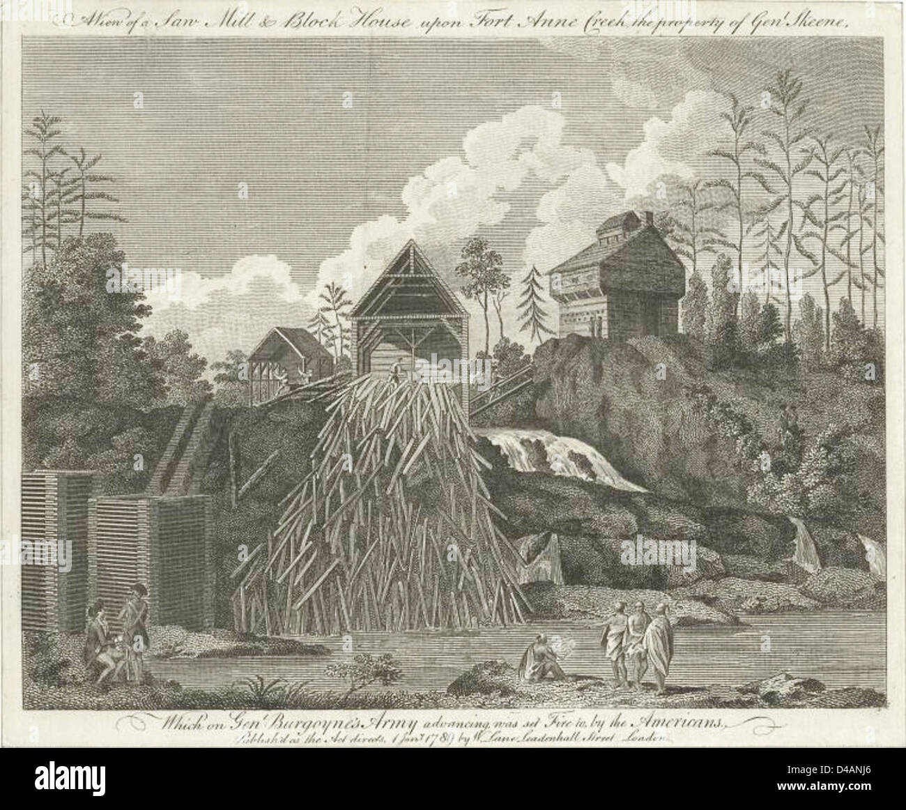 This 1789 image depicts a sawmill and blockhouse along Fort Anne Creek ...