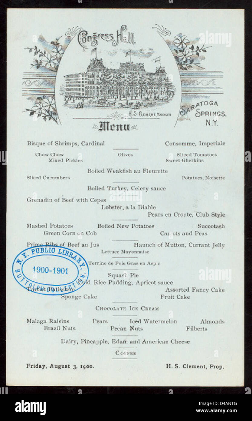 A historical image showing a dinner held by Congress Hall at Saratoga ...