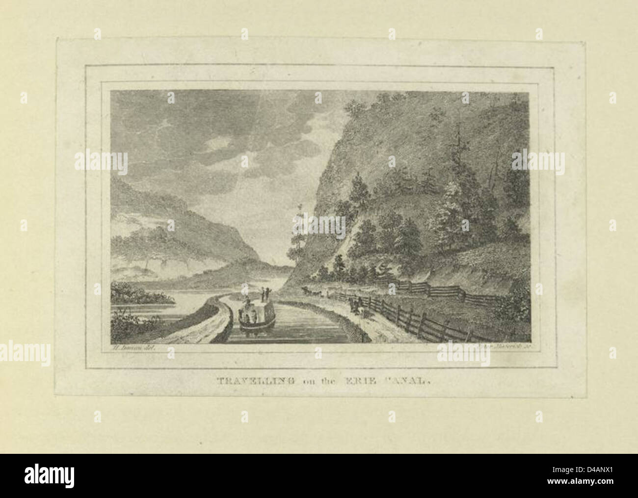 A historical photograph from 1826 showing travel on the Erie Canal, one ...
