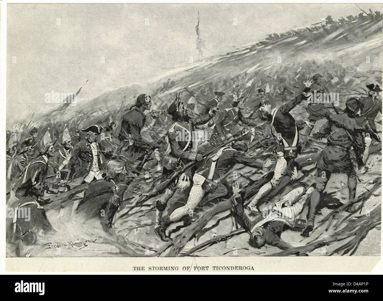 A historical image of the storming of Fort Ticonderoga in 1775 ...