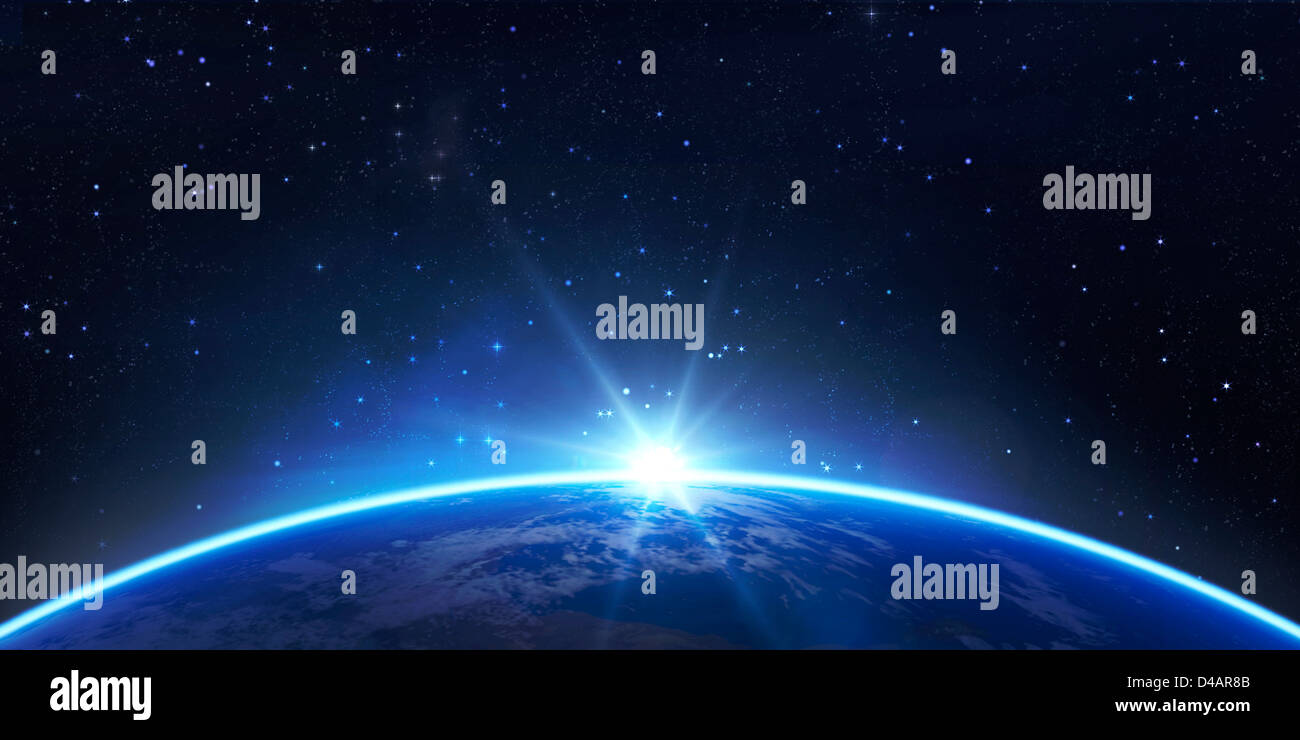 Sun rising behind planet Earth (illustration Stock Photo - Alamy