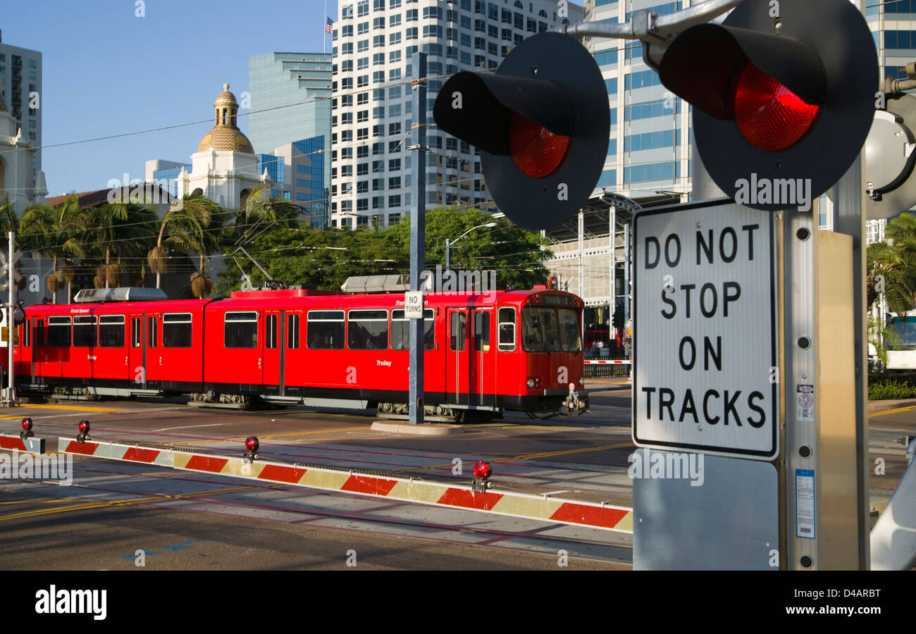 Downtown Scene at RailRoad Crossing Red Trolley Car Passing Signal ...