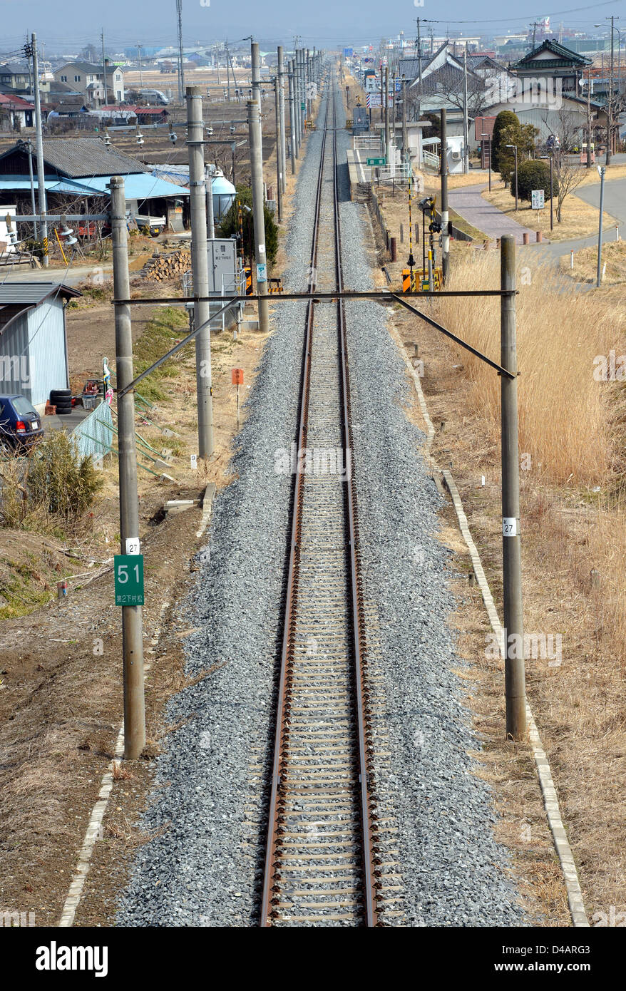 March 8, 2013, Higashi-Matsushima, Japan - A single-track railway of ...