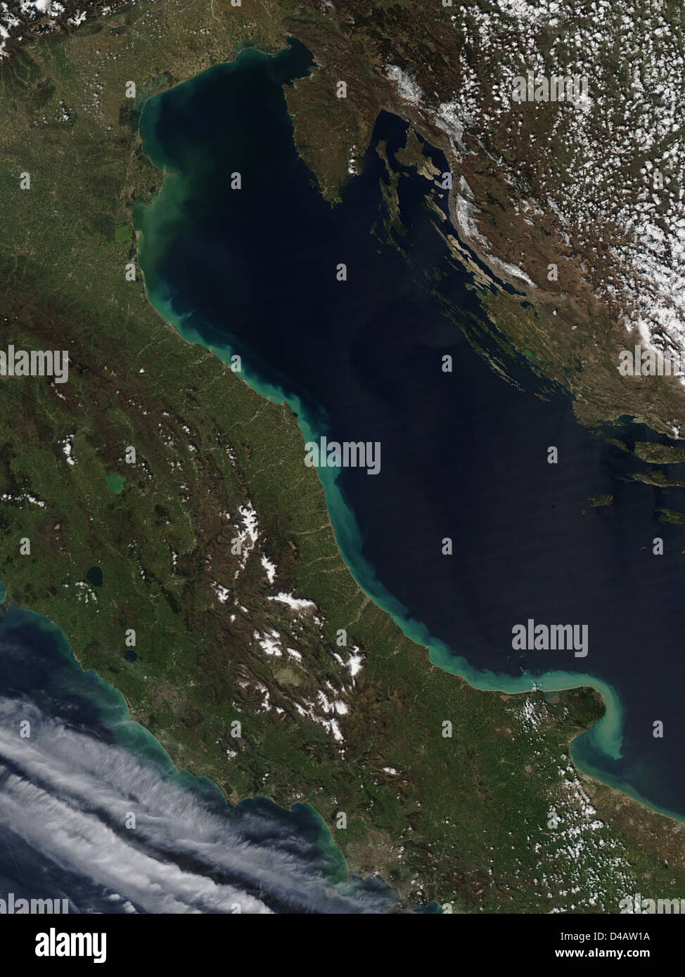 A satellite image shows the spring runoff flowing into the Adriatic Sea ...