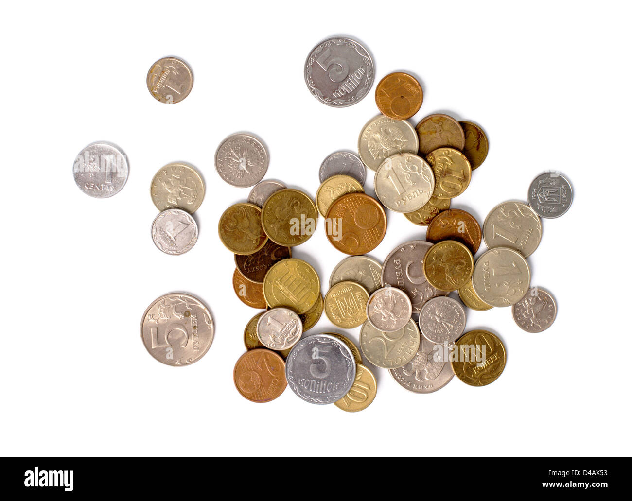 coins scattered on white background Stock Photo - Alamy