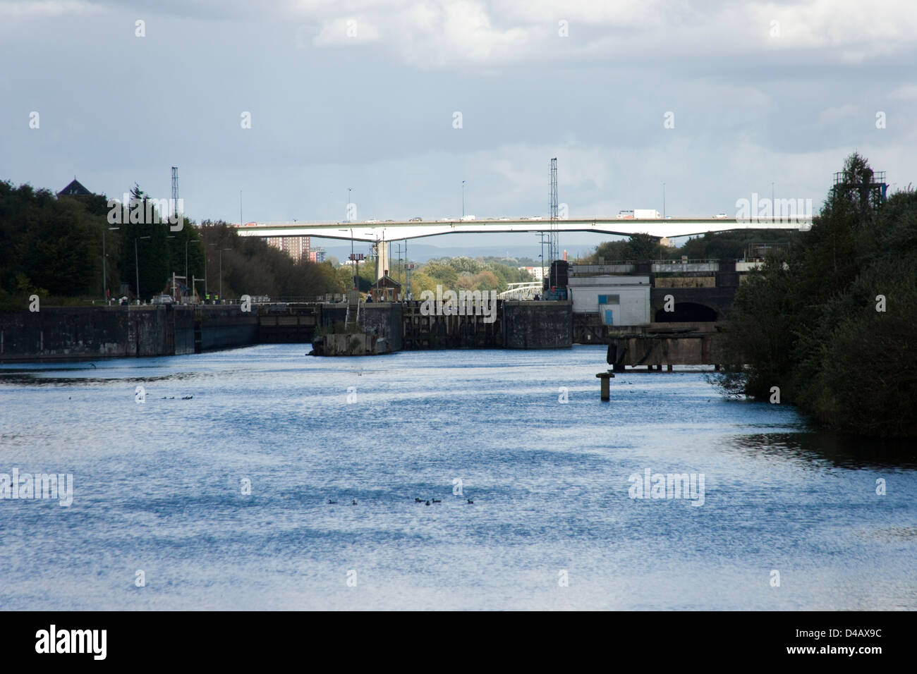 Approaching M60 motorway Barton High Level Bridge and Barton Locks on ...