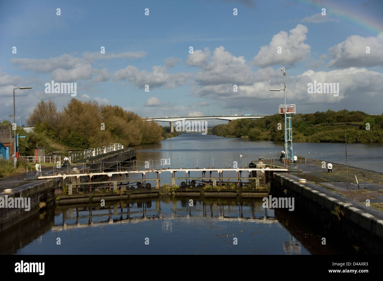 In Barton Locks with M60 motorway Barton High Level Bridge behind on ...