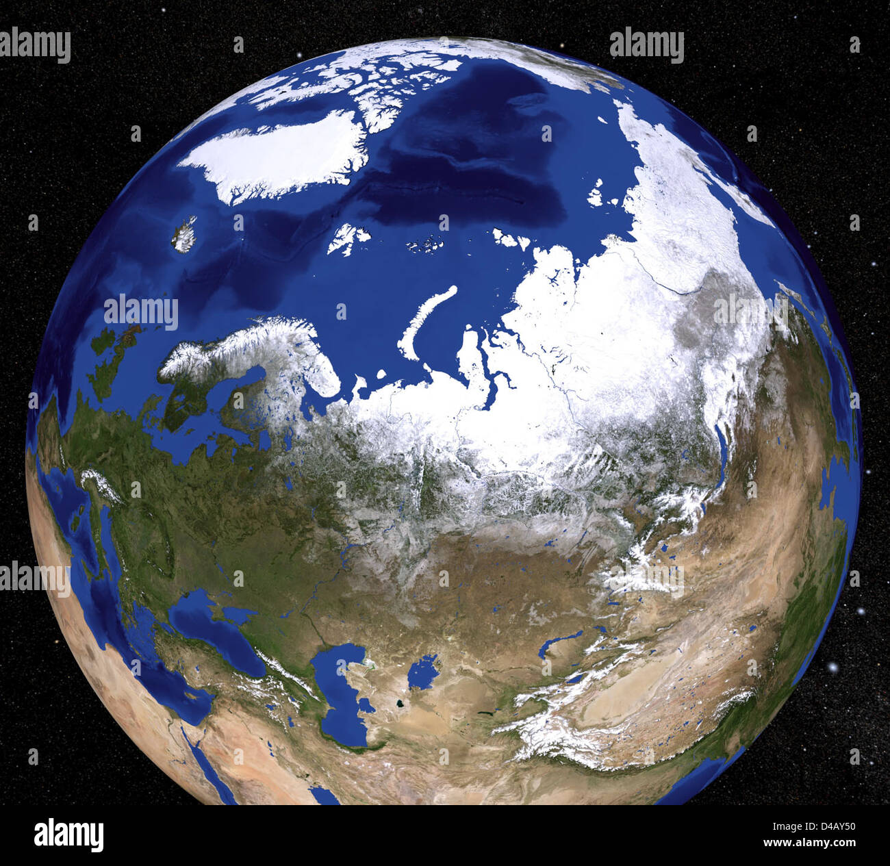 A satellite image of the North Pole showing the Arctic region's ...