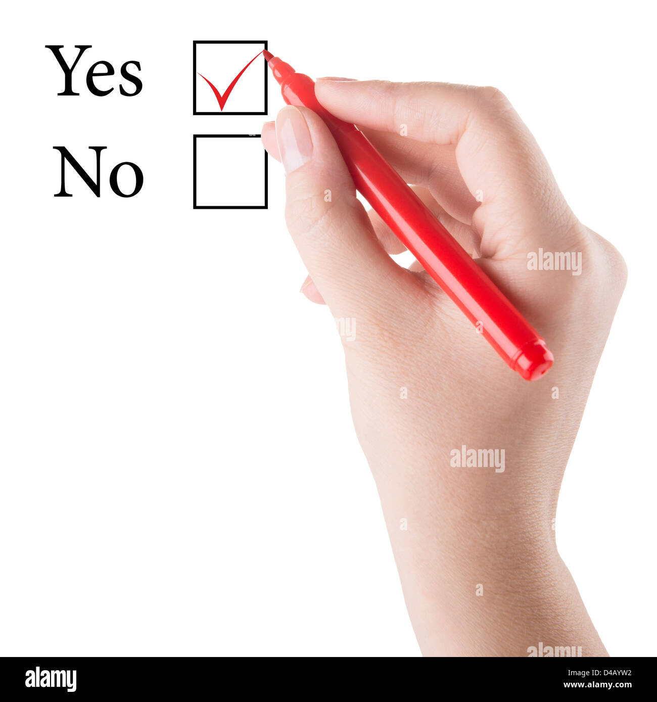Hand with red marker draws Yes in checkbox Stock Photo - Alamy