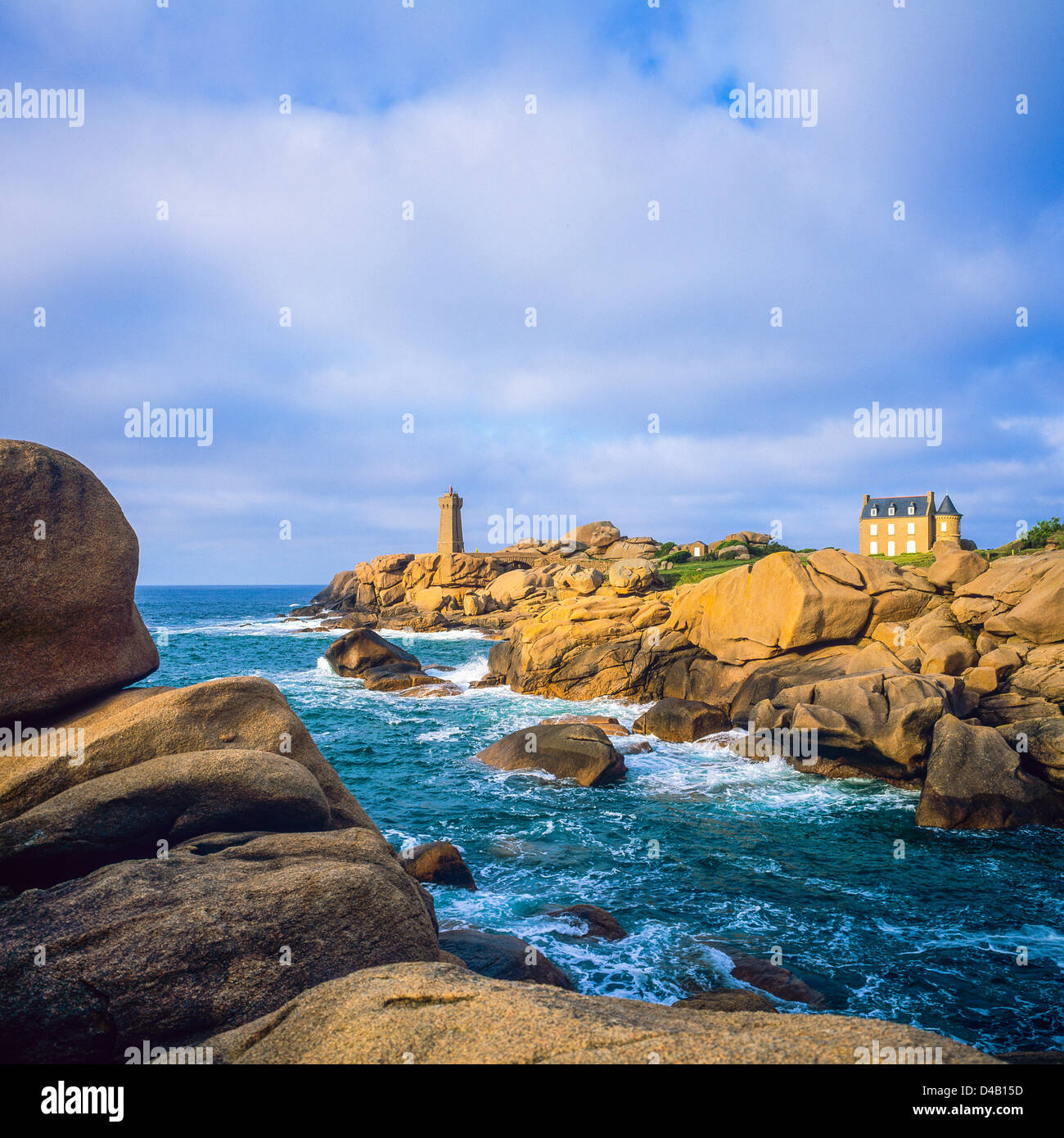 Rocks and boulders and Mean Ruz lighthouse, Ploumanach, Côte de granite ...