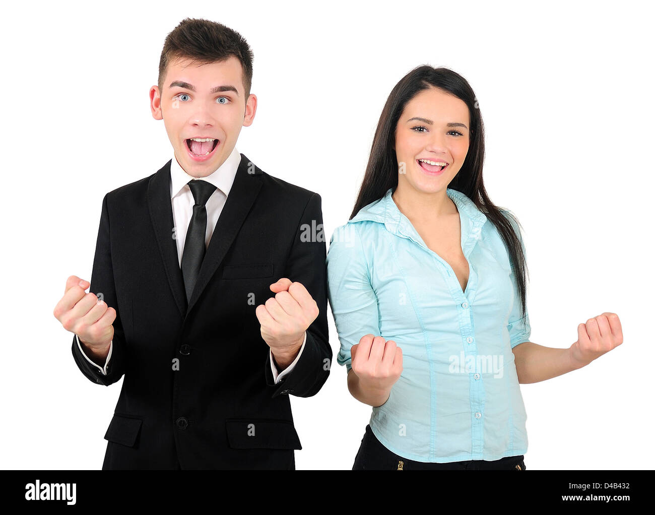 Isolated young business couple winning Stock Photo - Alamy