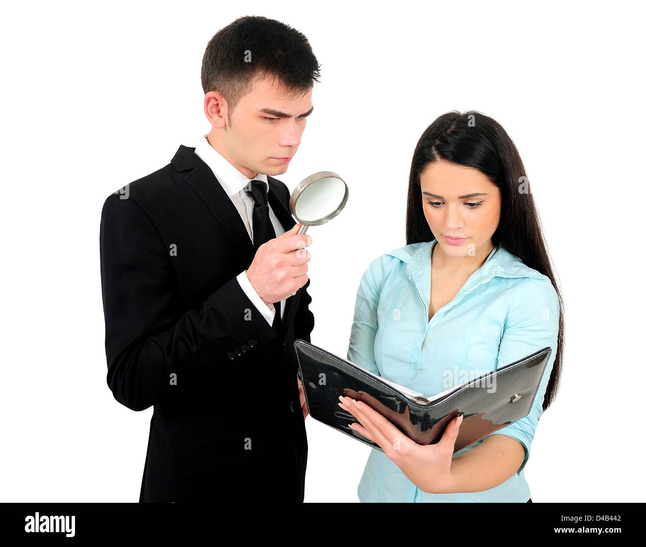 Isolated young business couple explain Stock Photo - Alamy