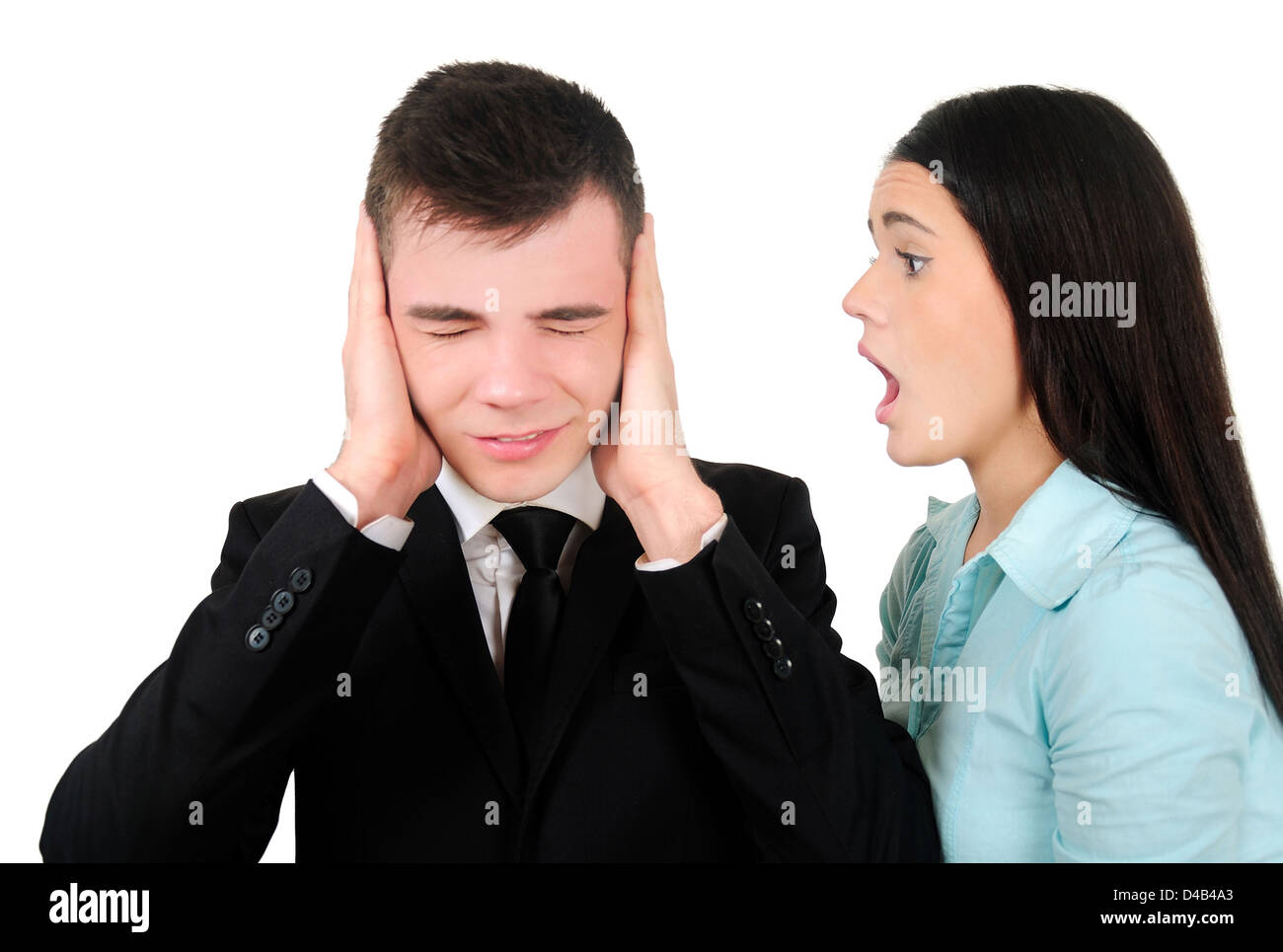 Isolated young business couple screaming Stock Photo - Alamy