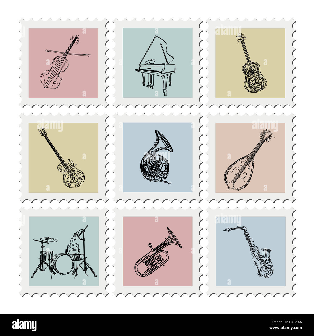 Stylized music instruments stamp collection on white background Stock ...