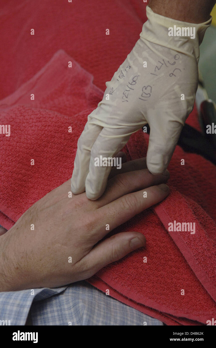 Paramedic touching patients hand Stock Photo - Alamy