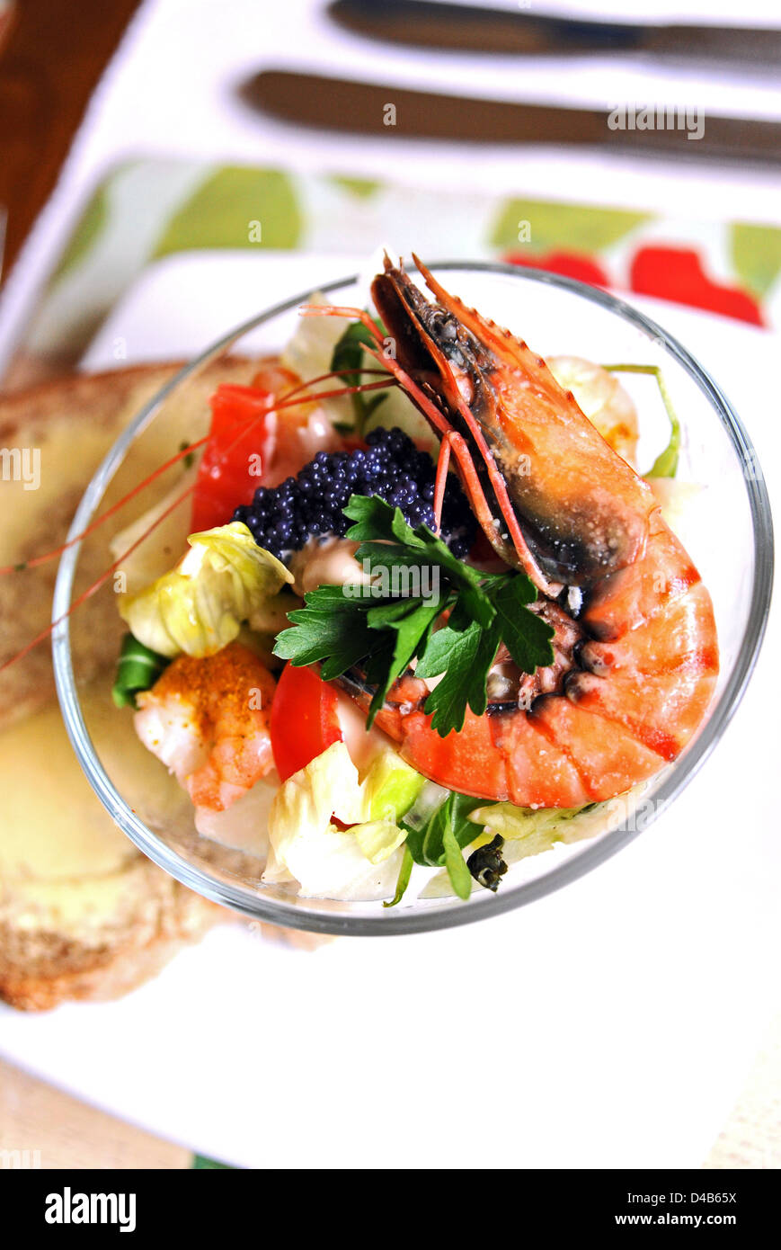 Home made prawn cocktail using tiger prawns in shell with lump fish ...
