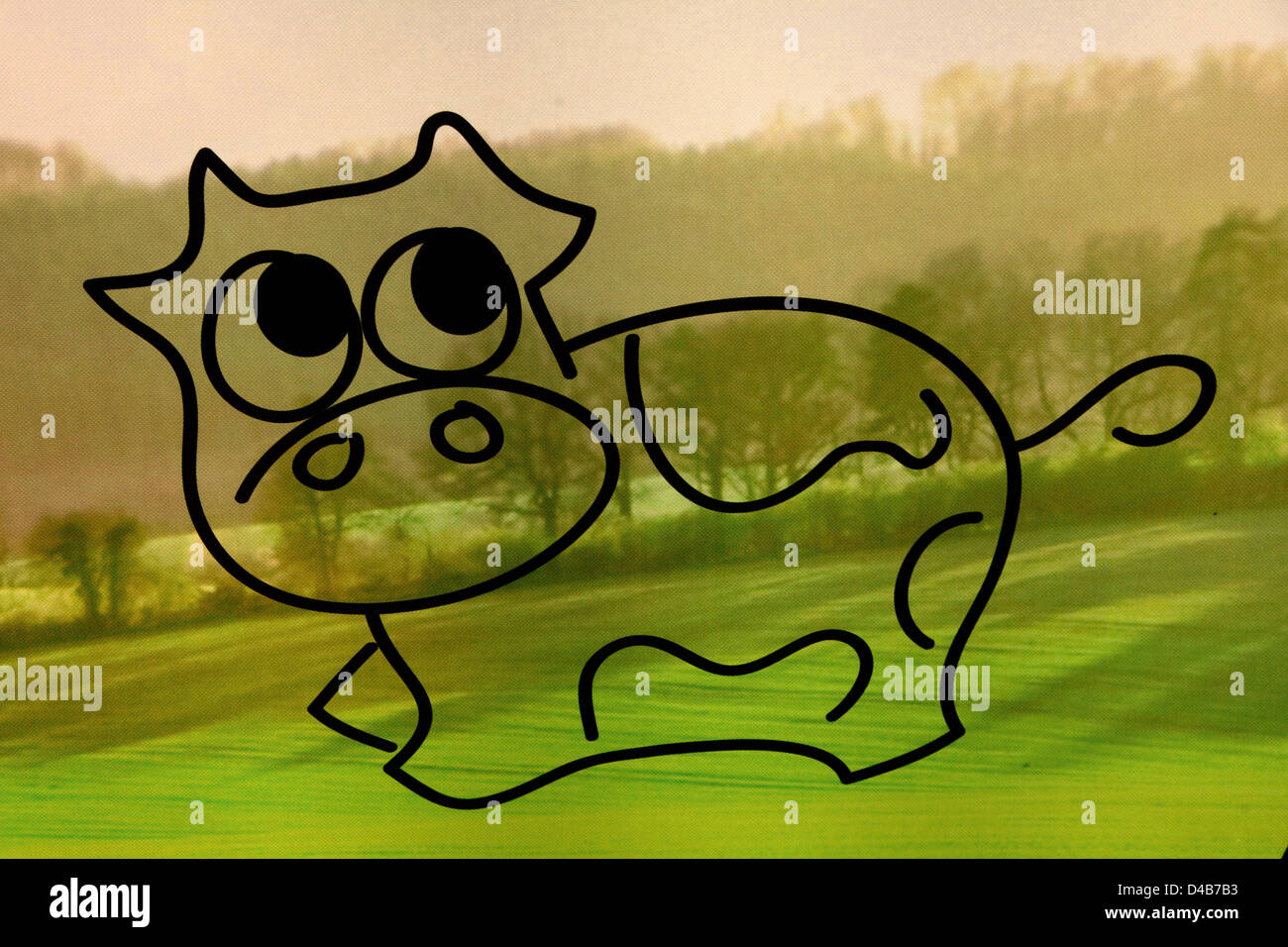draw of a cow over green forest Stock Photo - Alamy