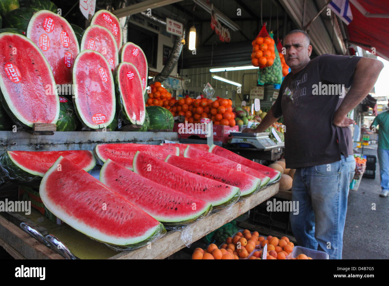 Stall selling watermelons Photographed at the Carmel Market, Tel Aviv ...