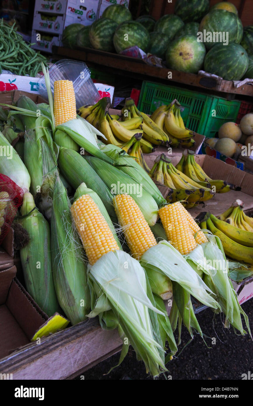 Stall selling fresh corn on the cob Photographed at the Carmel Market ...