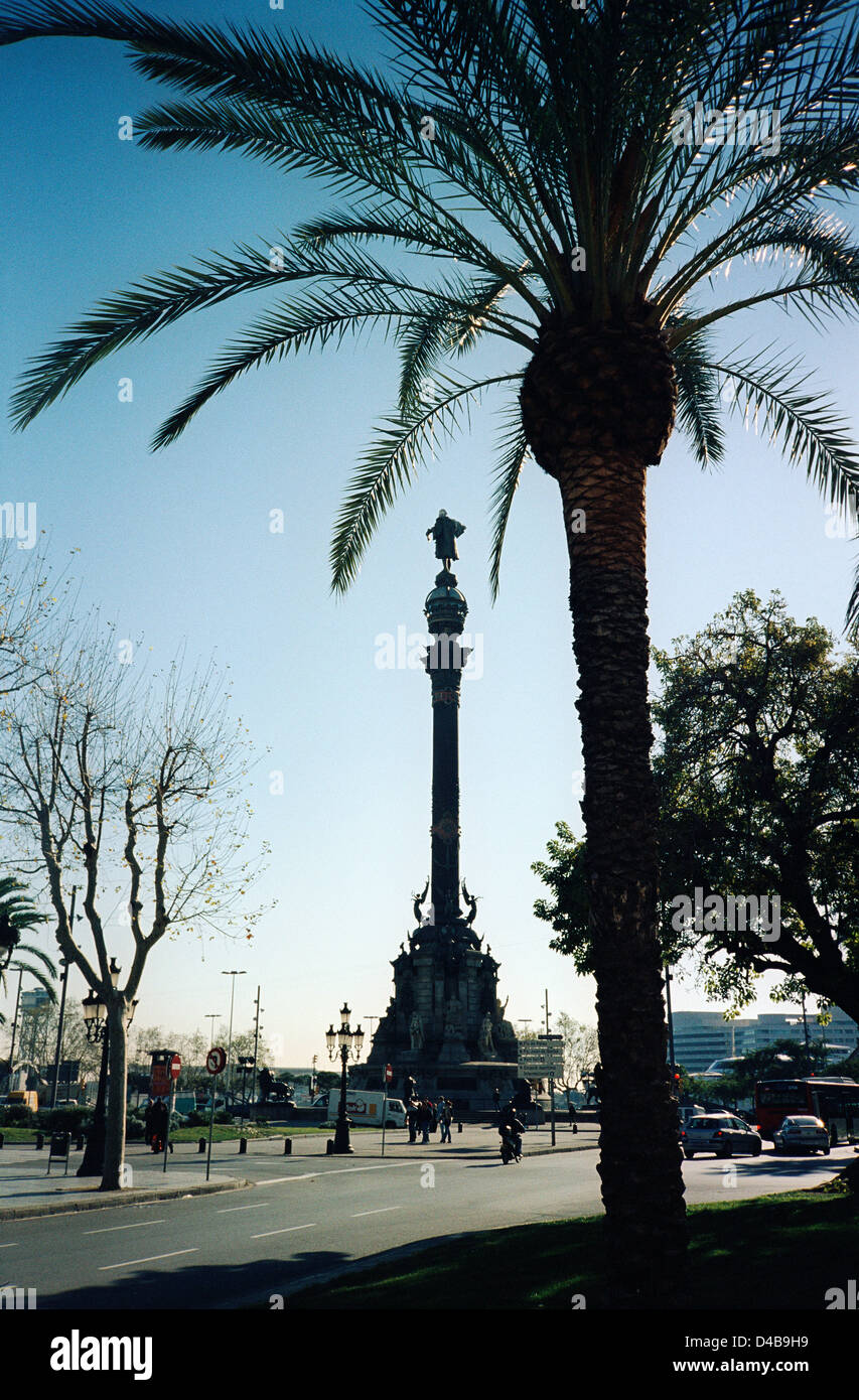 Columbus monument,Barcelona, Spain, palm tree Stock Photo - Alamy