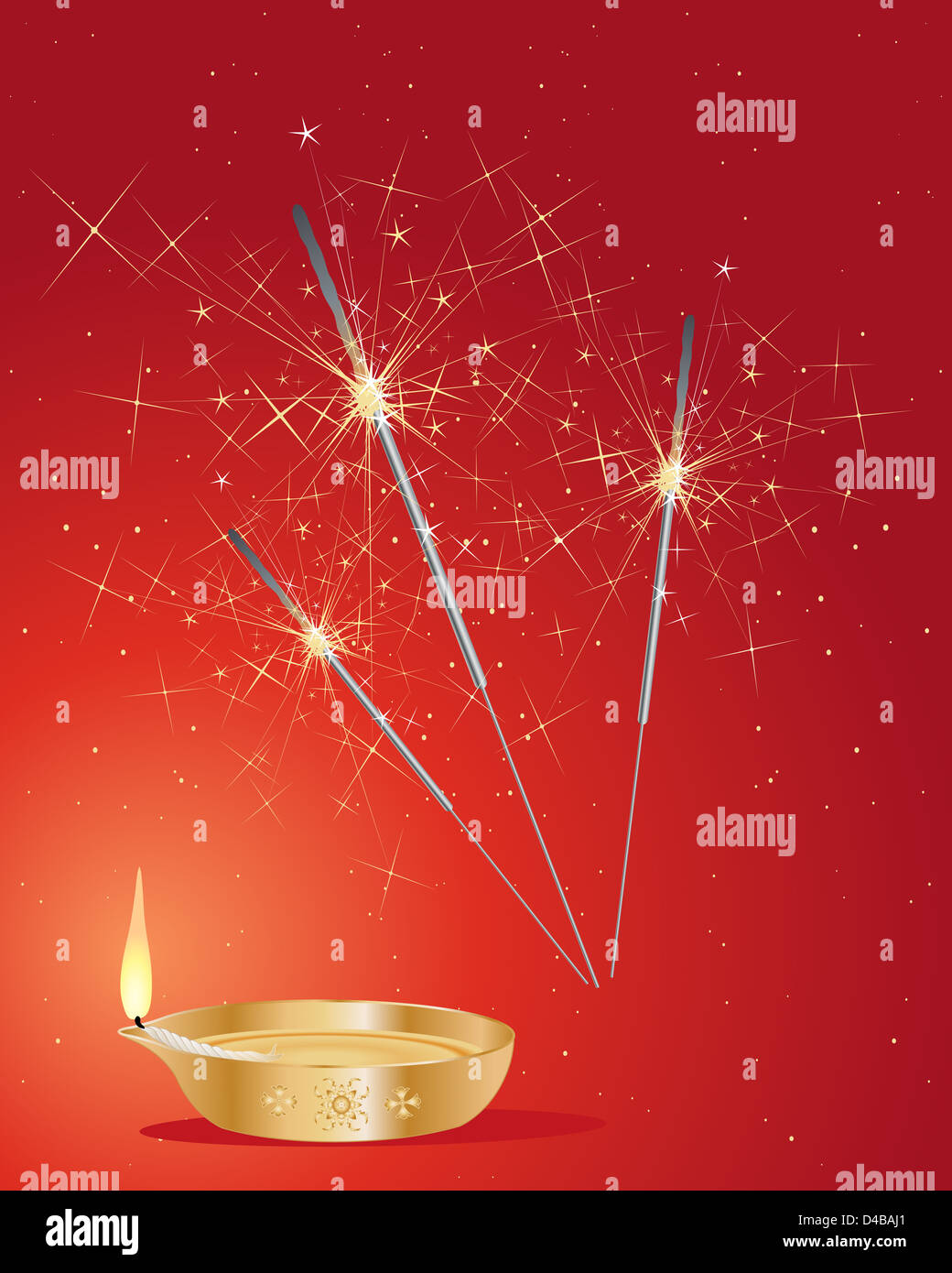 an illustration of festive diwali sparklers with golden lamp and flame ...
