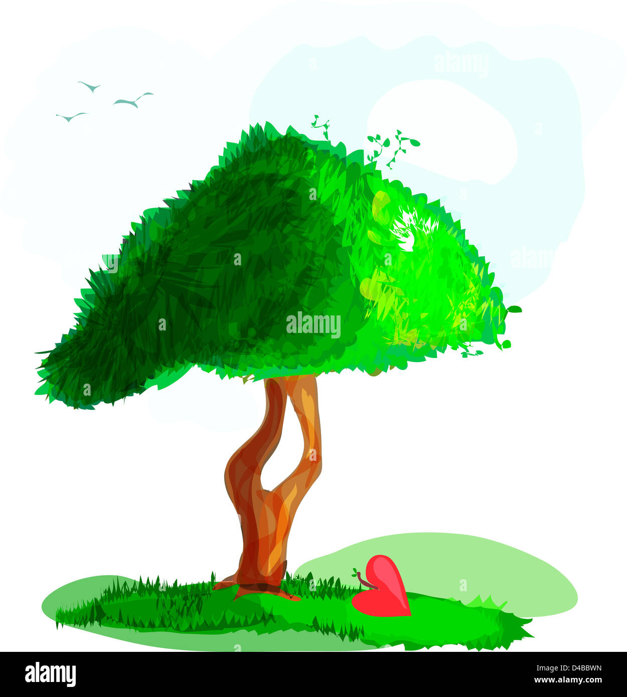 green tree with grass and clouds and heart Stock Photo - Alamy