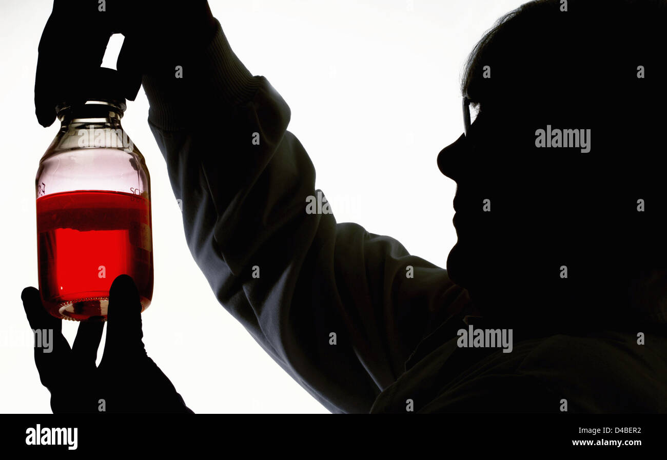 Laboratory technician analyses glass bottle containing red solution ...