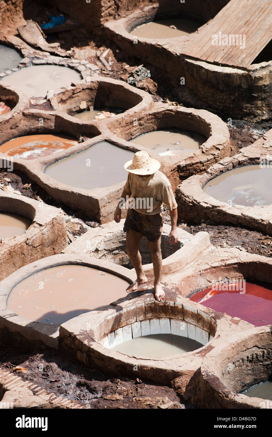 Leather tanning, Fes, Morocco Stock Photo - Alamy