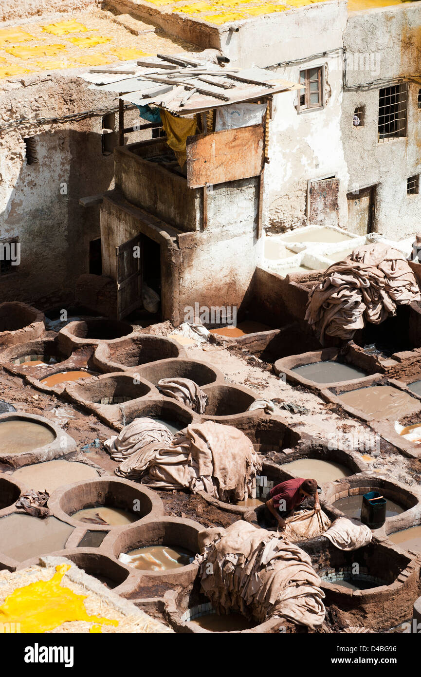 Leather tanning, Fes, Morocco Stock Photo - Alamy