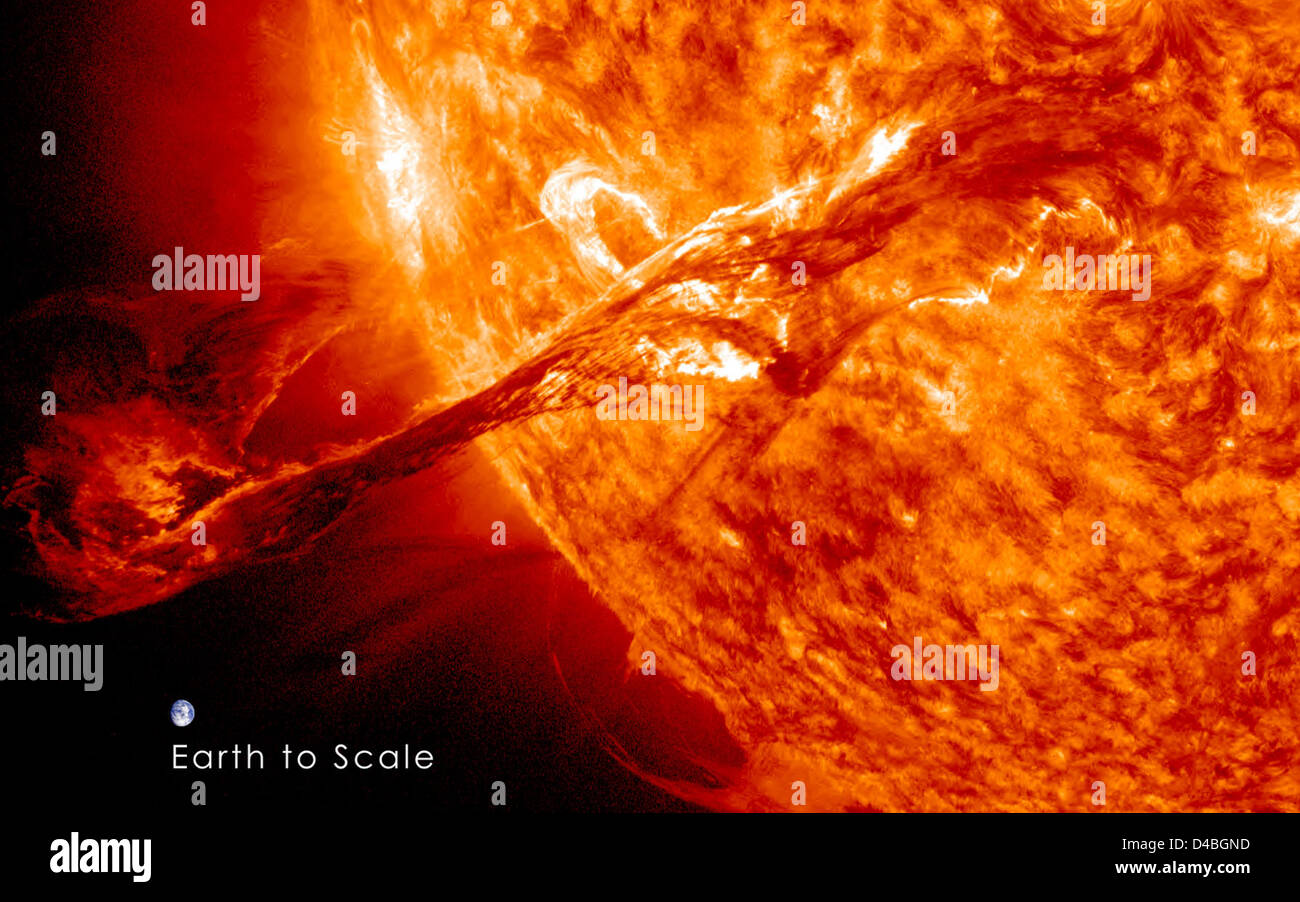 A coronal mass ejection (CME) erupts from the Sun, with Earth shown to ...