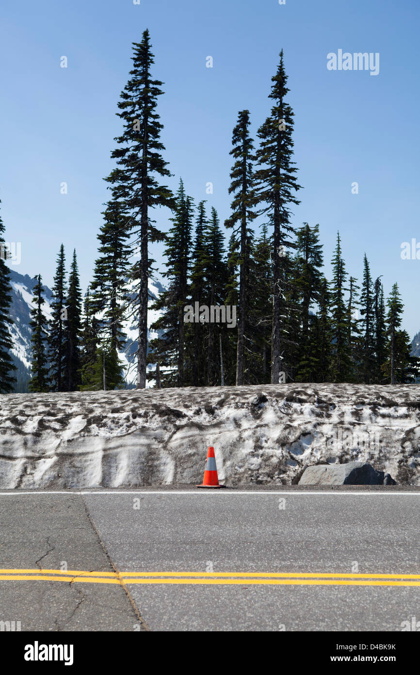 A cone on a road on the way to Mt Rainier, Washington, USA Stock Photo ...
