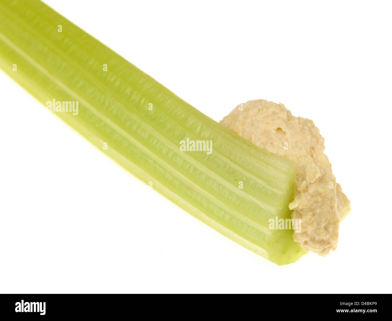 Single Stick OF Fresh Celery Dipped Into Hummus Against An Isolated ...