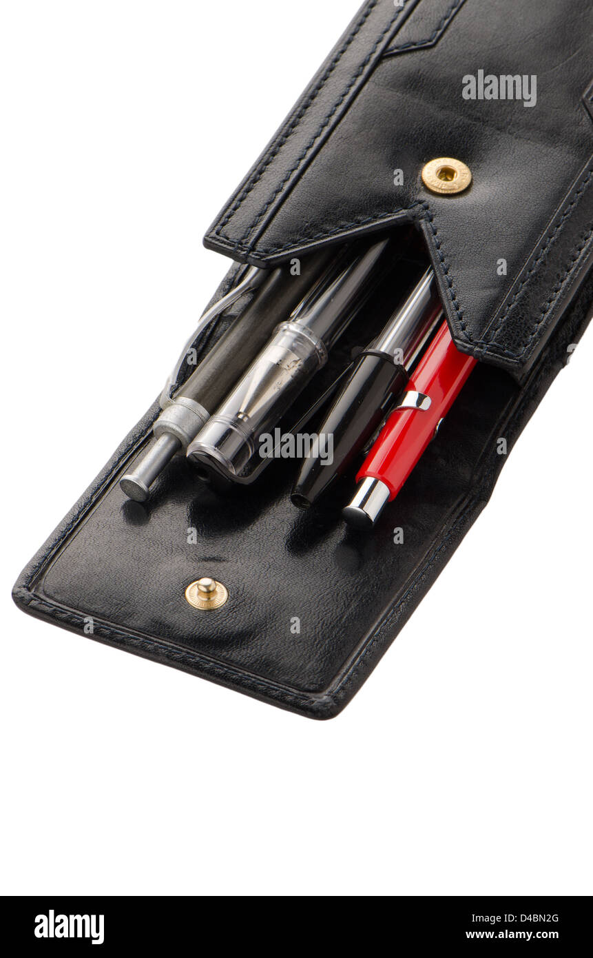 Leather pencil case isolated on white background Stock Photo - Alamy