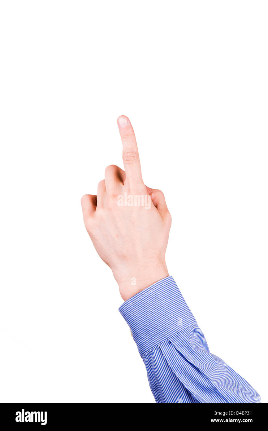 Male hand with pointing finger showing something isolated on white ...