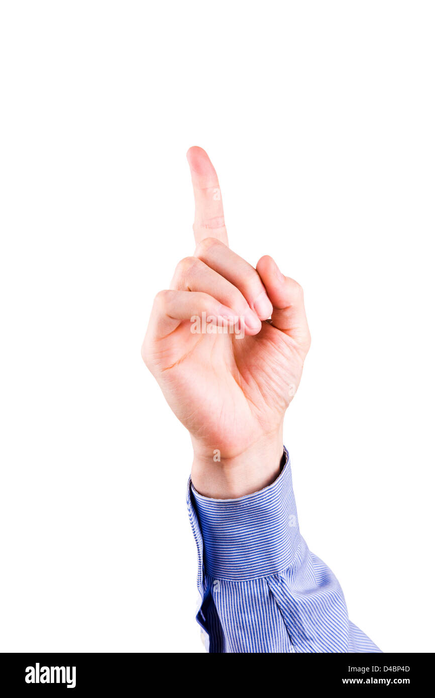 Male hand with pointing finger showing something isolated on white ...