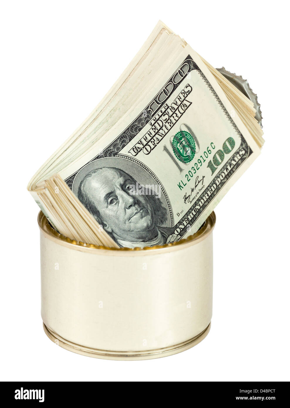 US dollars bills in metal can isolated on white background Stock Photo ...