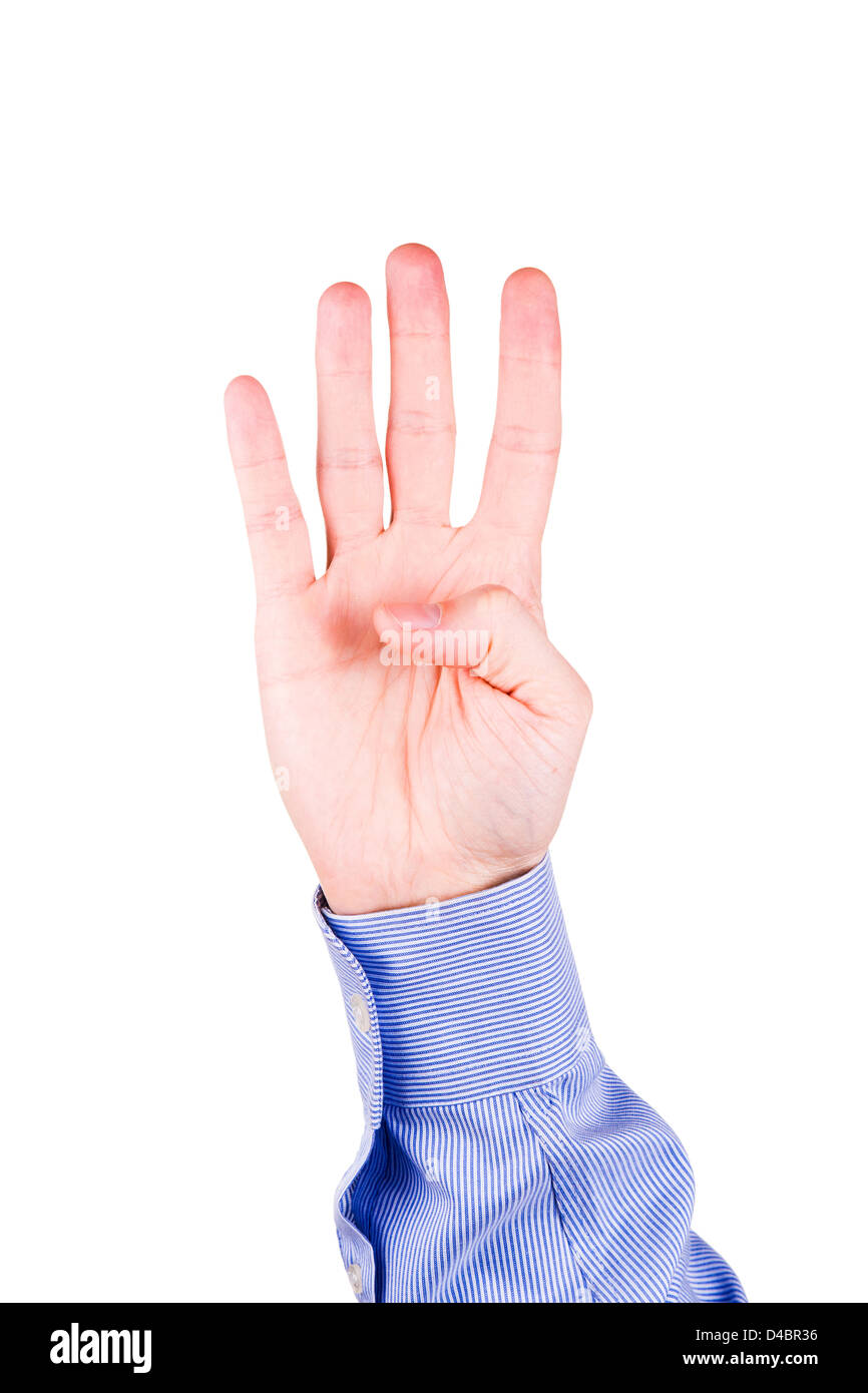 Male hand showing number four isolated on white Stock Photo - Alamy