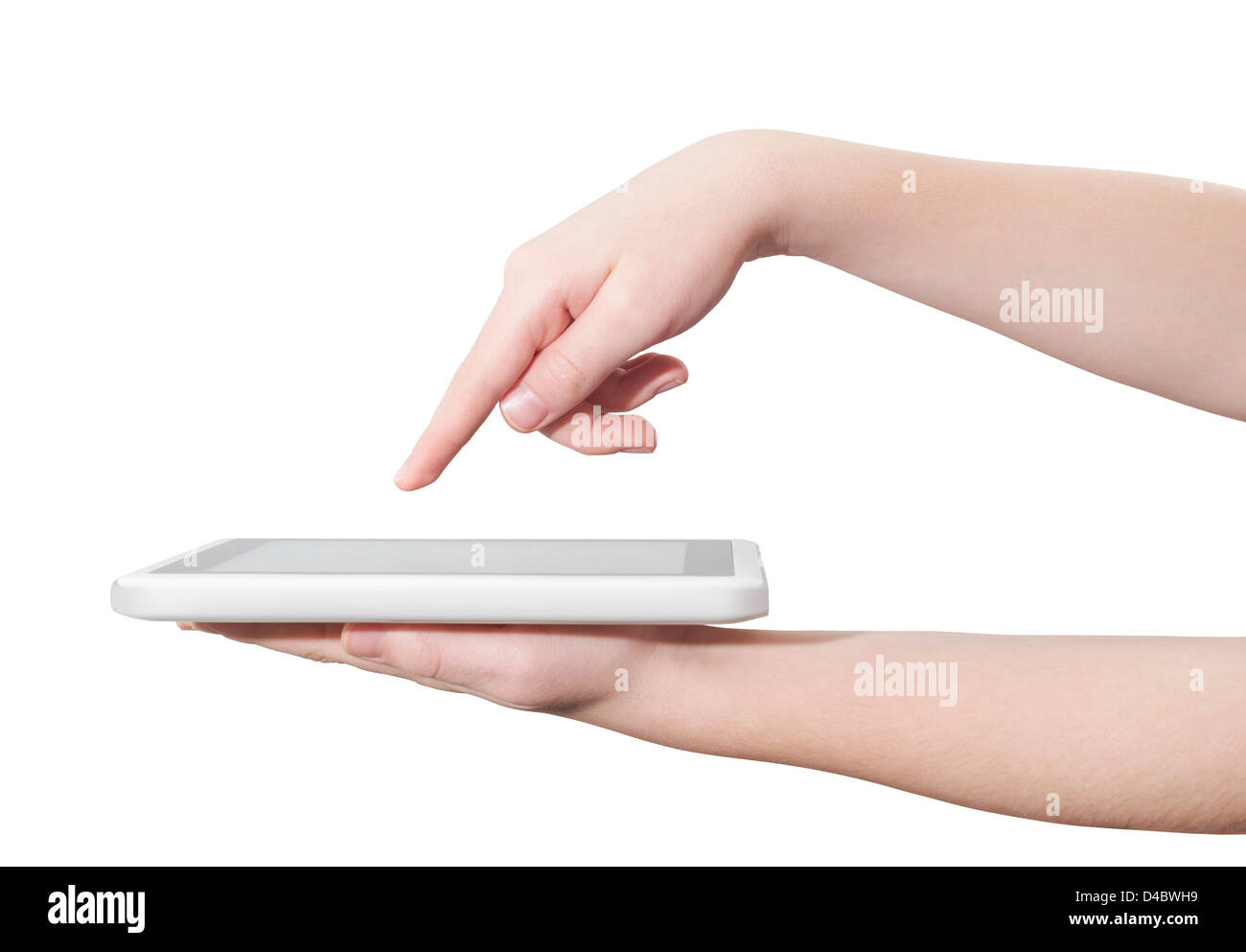 Finger pointing on a computer Tablet screen, isolated on white ...