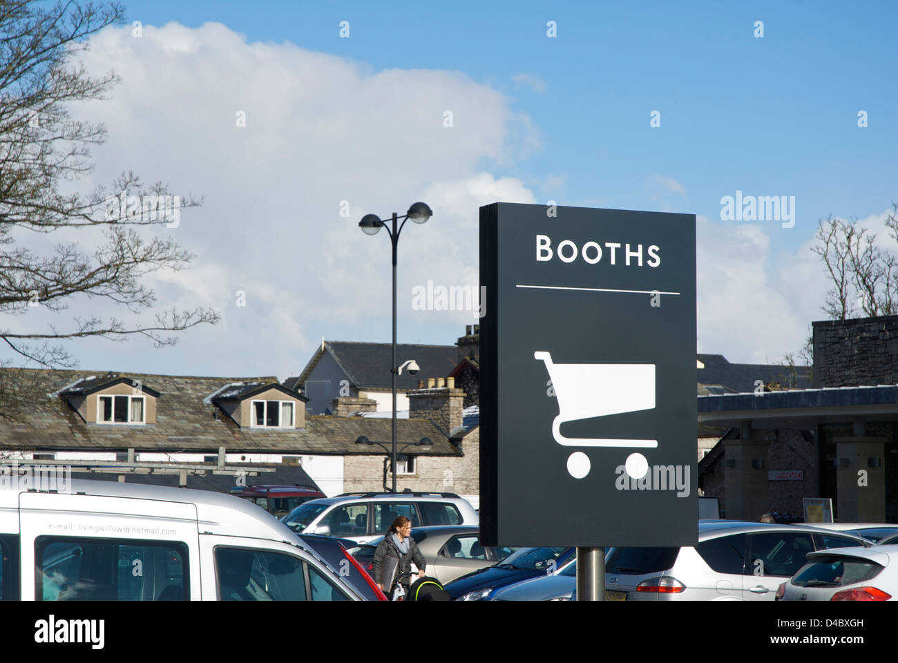 Sign for trolley park at Booths supermarket in Kendal, Cumbria, England ...